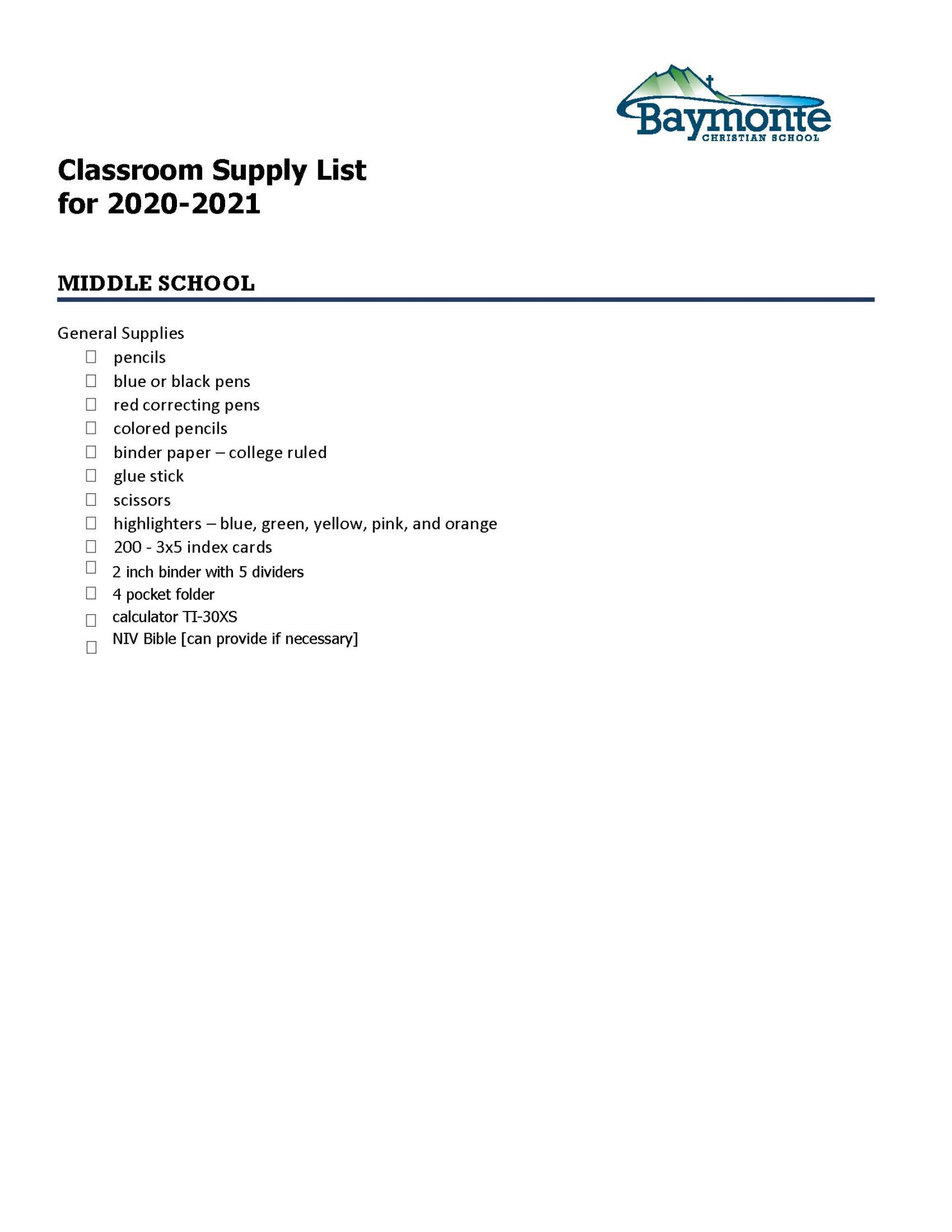 2020-2021 Classroom Supply List